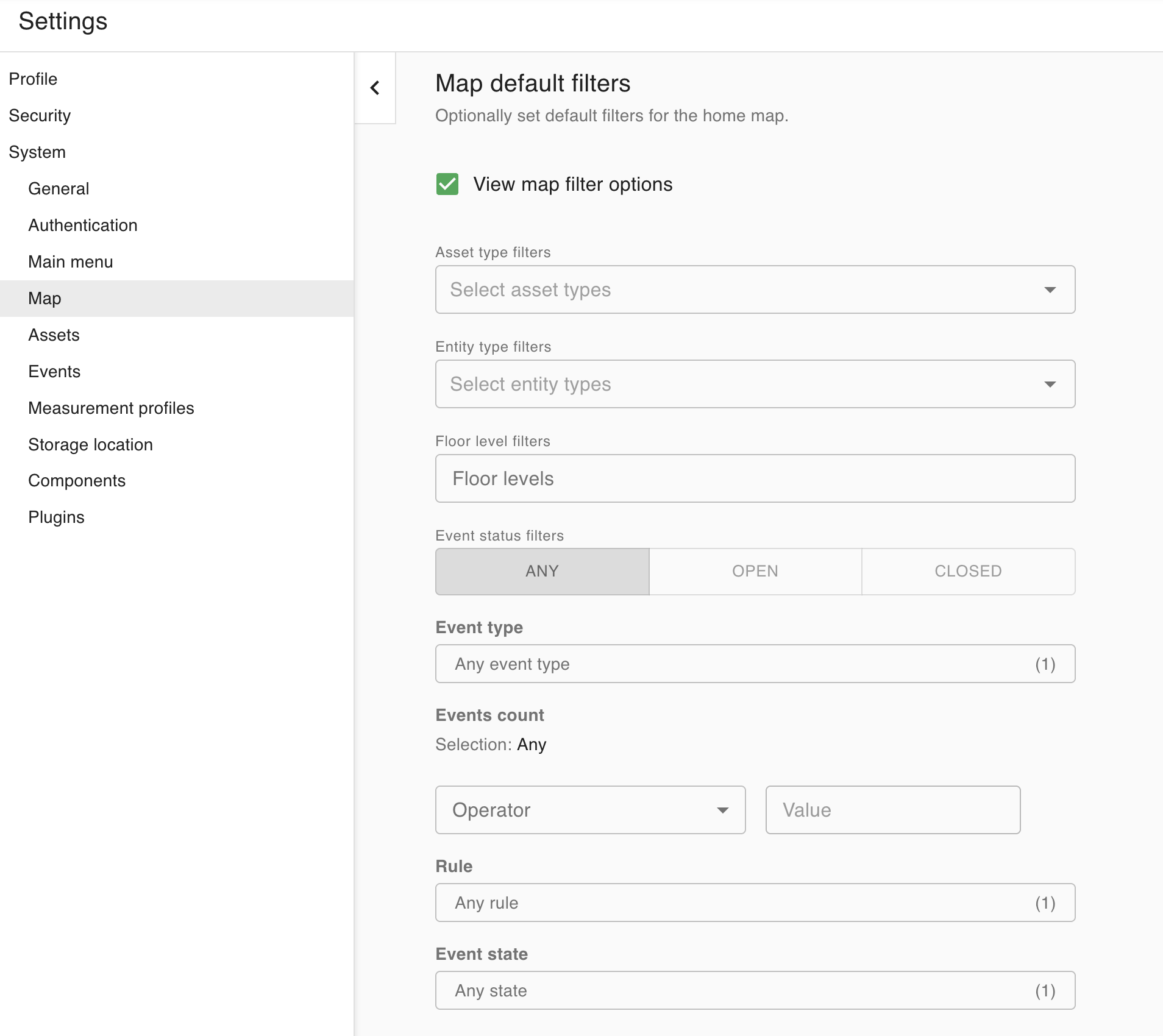 Map default filter settings